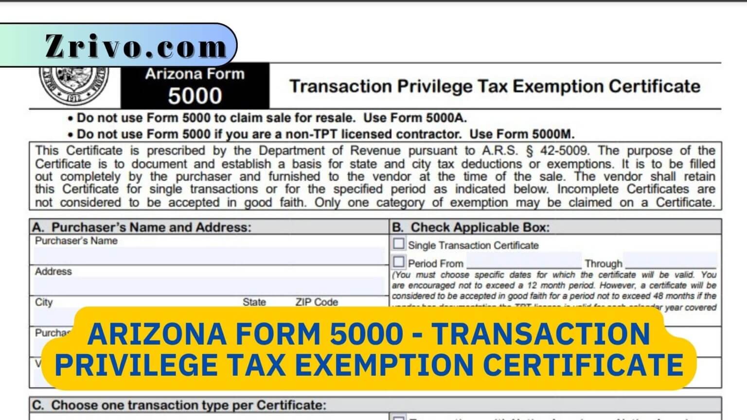 Arizona Form 5000 - Transaction Privilege Tax Exemption Certificate