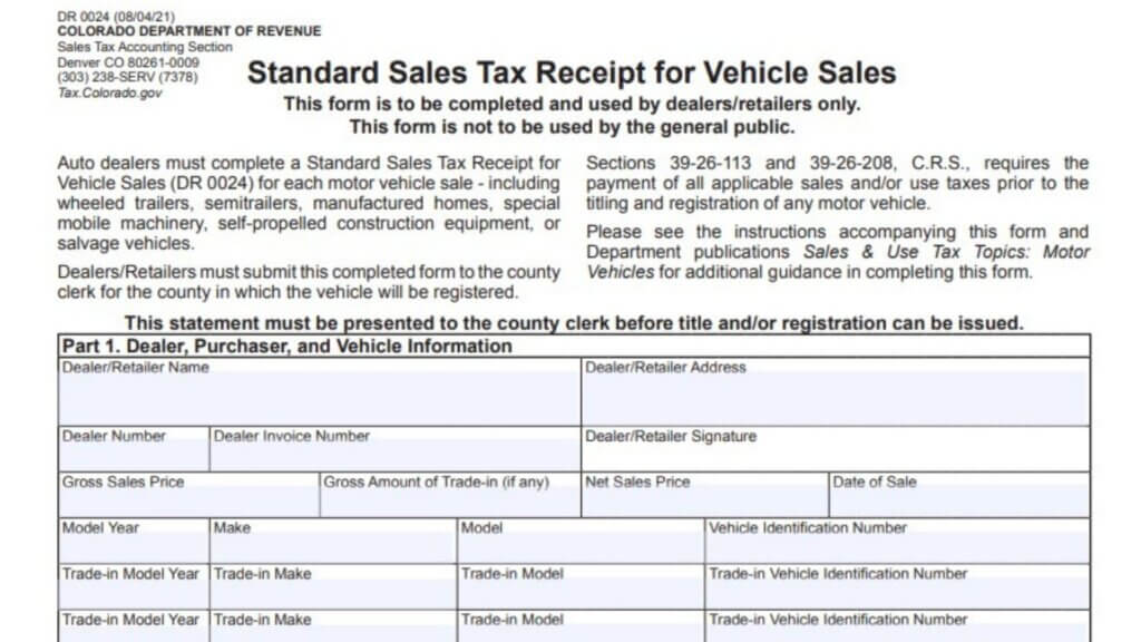 Colorado Form DR 0024 - Standard Sales Tax Receipt For Vehicle Sales