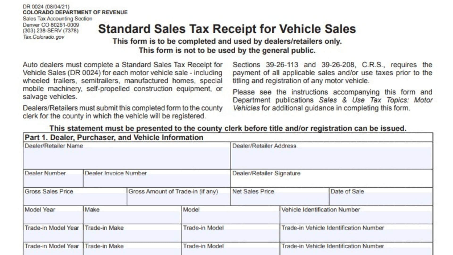 Colorado Form DR 0024 - Standard Sales Tax Receipt For Vehicle Sales